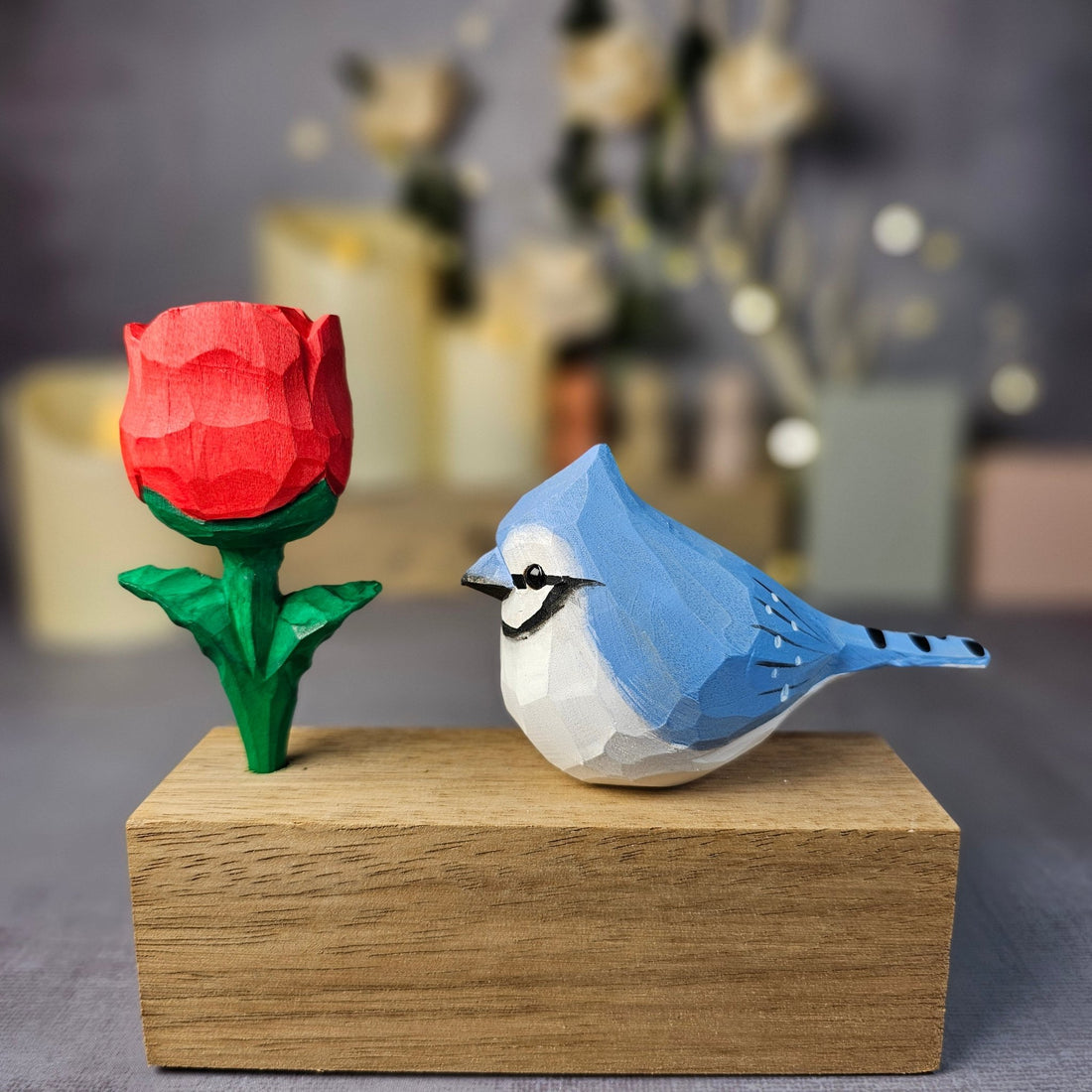 Handcrafted Blue Jay Sculpture with Wooden Rose Stand – Wooden Islands