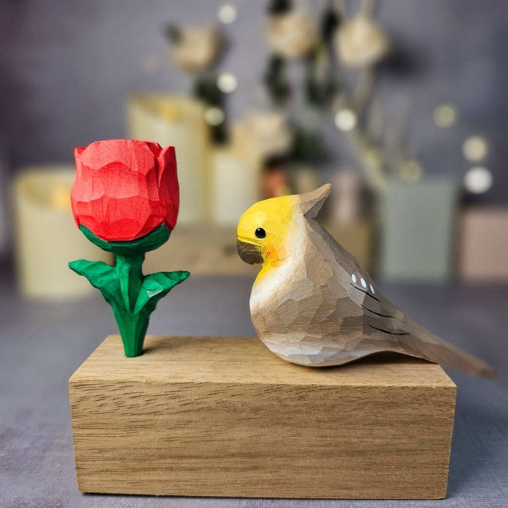 Captivating Cockatiel with Handcrafted Rose Wooden Sculpture – Wooden ...